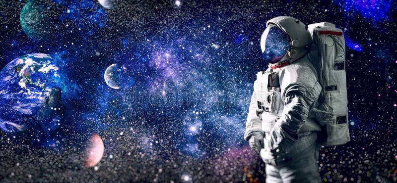Astronaut in Space in the Solar System Earth. Blue Light on Background ...