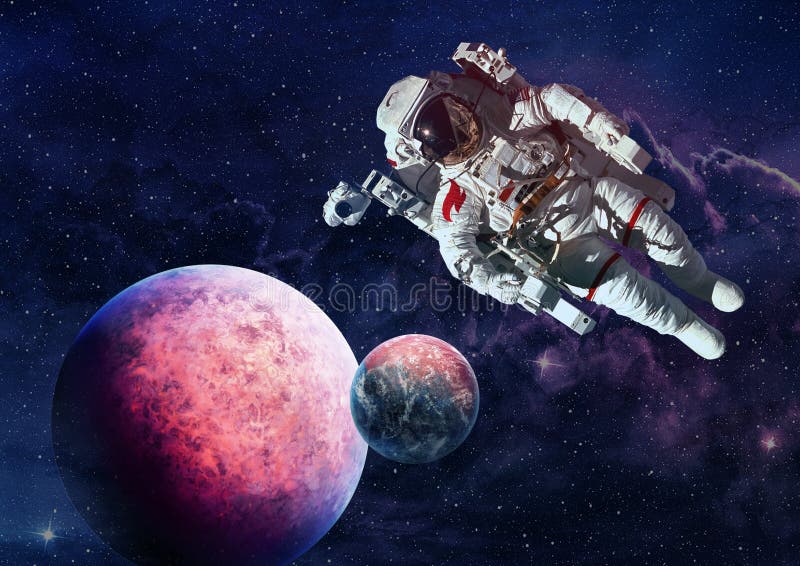 Astronaut in Space with Starship in Deep Space Stock Illustration ...