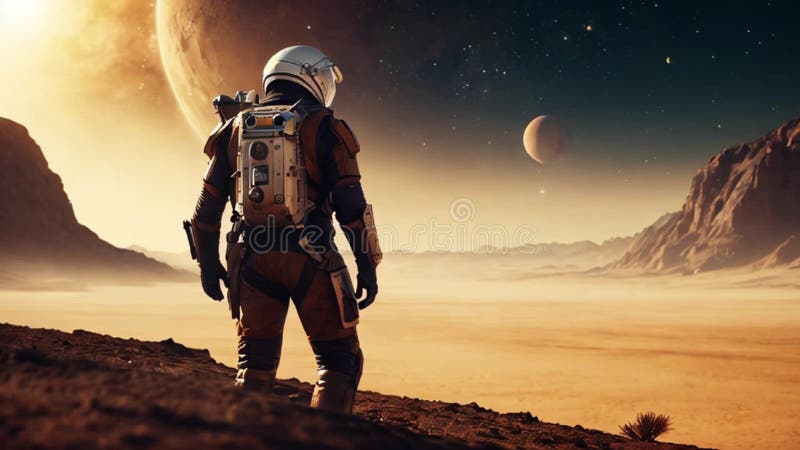 Astronaut in Space Suit on Distant Planet with Arid Climate and Harsh ...