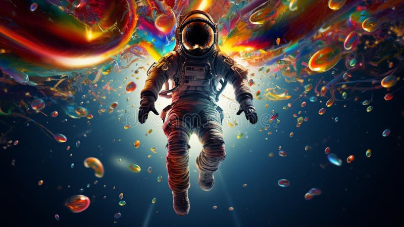 Astronaut in a Space Suit Drifting through a Field of Bubbles, AI ...