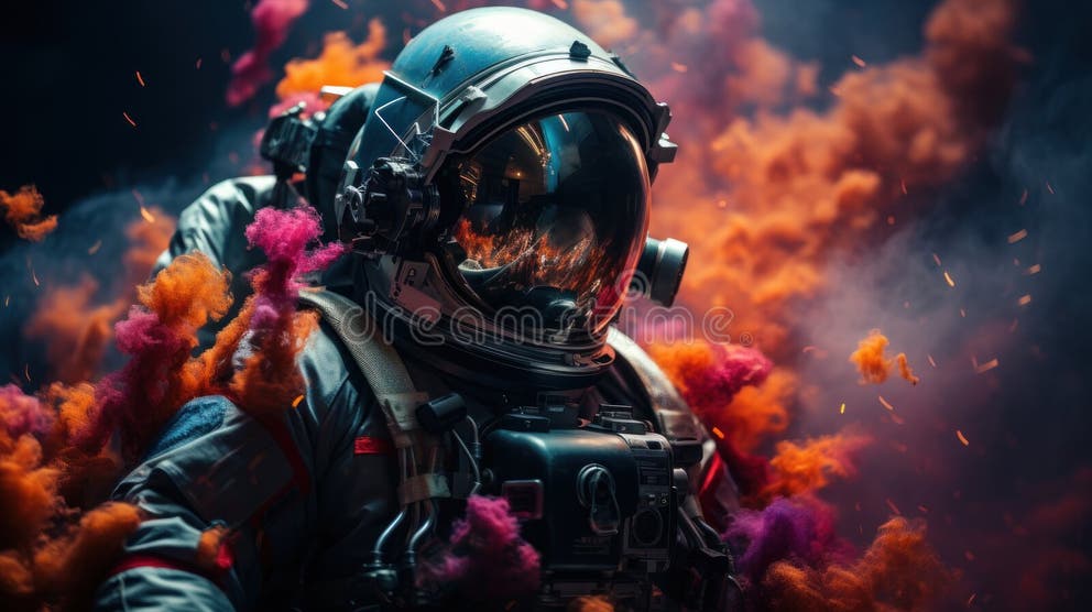 Astronaut in Space Suit with Fire and Smoke Around Him Stock ...