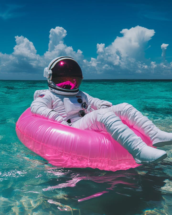 Astronaut in Space Suit Floating on Pink Inflatable Ring in Water ...