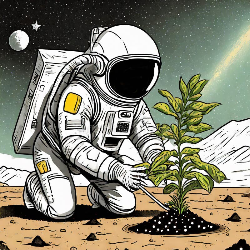 Astronaut in Space Suit Planting Plant on Distant Planet, Comic Style ...