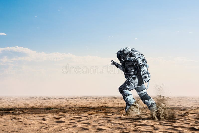 Spaceman Running Fast. Mixed Media Stock Image - Image of desert, media ...