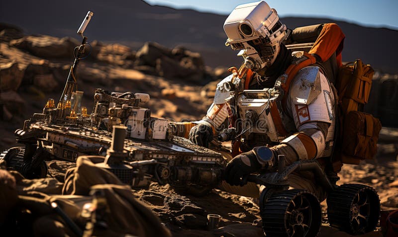 Astronaut in Space Suit Sitting on Martian Rock Stock Image - Image of ...