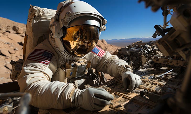 Astronaut in Space Suit Sitting in Space Station Stock Illustration ...