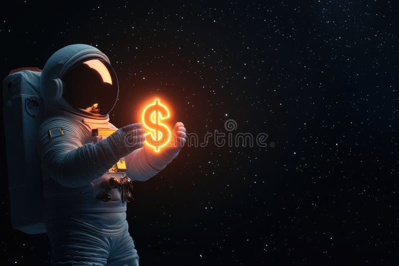 Astronaut in Space Touching Glowing Dollar Sign in Zero Gravity, Cosmic ...
