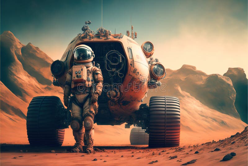 Astronaut with Space Vehicle Exploring Mars with Mountains, Created ...