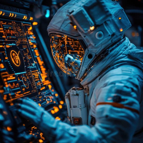 Astronaut in Spacecraft during Mission with Futuristic Control Panel ...