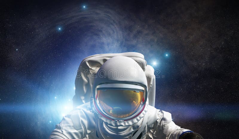 Spaceman in Outer Space. Welcome To Space. Astronaut Close Up. Stock ...