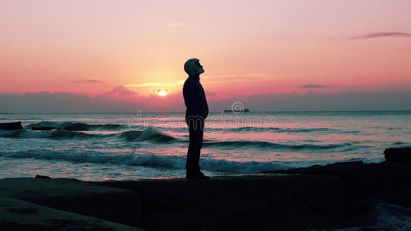 Astronaut Spaceman Standing on the Beach during Sunset in Profile Stock ...