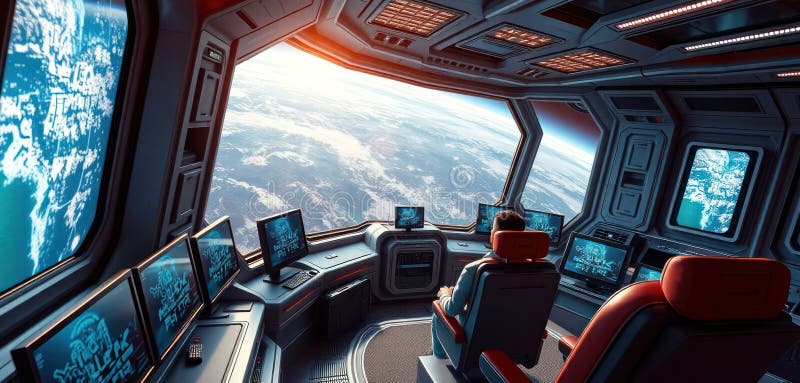 Astronaut in Spaceship Cockpit. View of Earth from Space. Control Panel ...