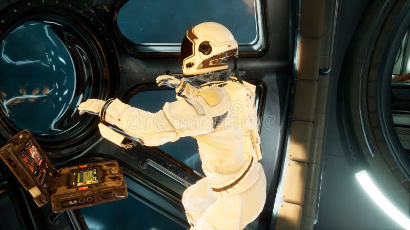 An Astronaut In A Spaceship Is Watching Through A Porthole For An Alien