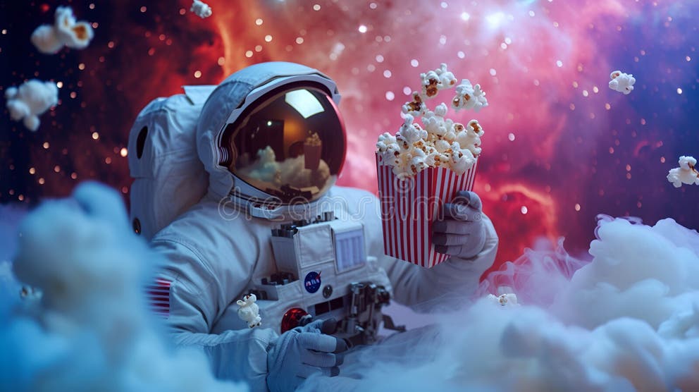 Astronaut in a Spacesuit with a Box of Popcorn in Outer Space Stock ...