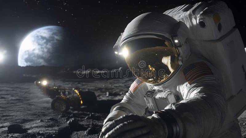 Astronaut in Spacesuit Exploring Lunar Surface with Earth and Rover ...