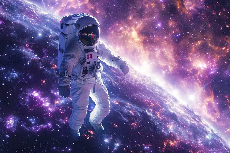An Astronaut in Spacesuit Hovers in Outer Space in Orbit of Planet ...