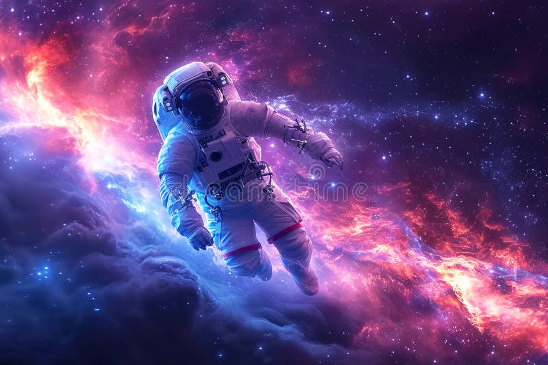 An Astronaut in Spacesuit Hovers in Outer Space in Orbit of Planet ...
