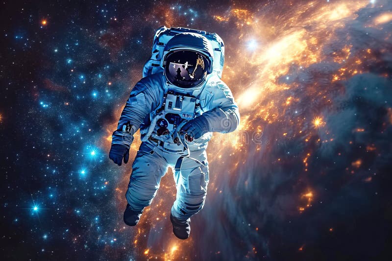An Astronaut in Spacesuit Hovers in Outer Space in Orbit of Planet ...