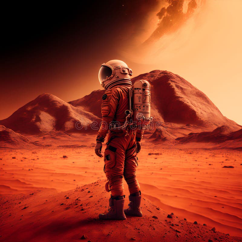Astronaut in Spacesuit on Mars, Alone Man Walking on Red Planet Stock ...