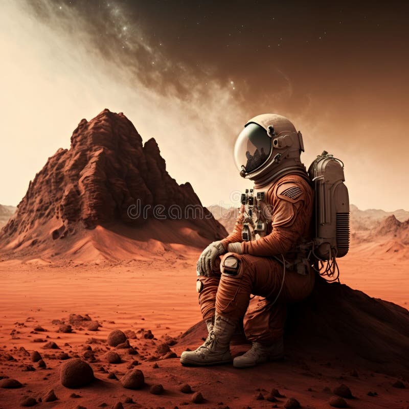 Astronaut in Spacesuit on Mars, Alone Man Walking on Red Planet Stock ...