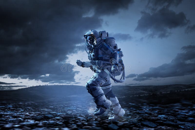 Spaceman Running Fast. Mixed Media Stock Image - Image of astronaut ...