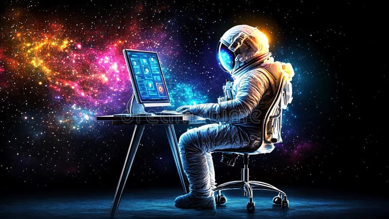 Astronaut Working on Computer in Space Surrounded by Colorful Galaxies ...