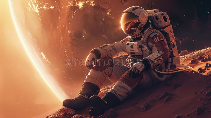 Astronaut in Spacesuit Sits on Another Planet. Spaceman in Deep Space ...