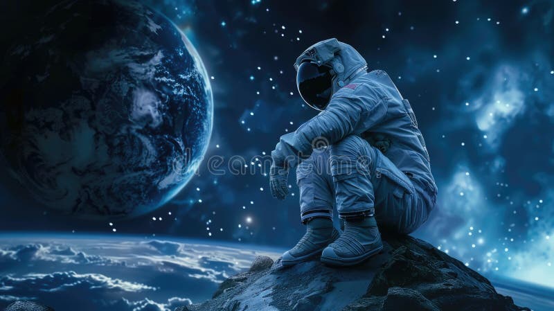 Astronaut in Spacesuit Sits on Another Planet. Spaceman in Deep Space ...
