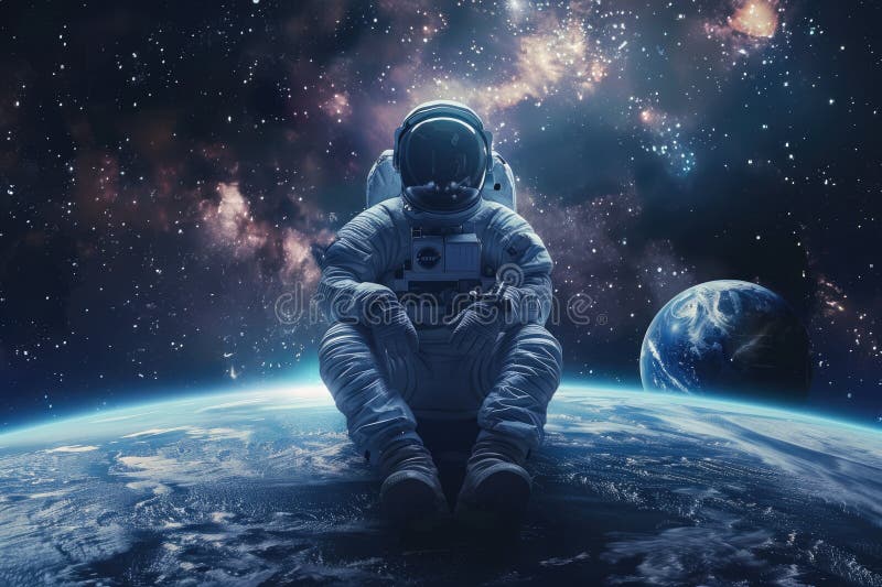 Astronaut in Spacesuit Sits on Another Planet. Spaceman in Deep Space ...