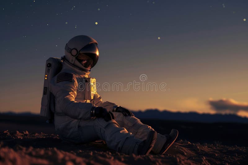 Astronaut in Spacesuit Sits on the Ground. Spaceman in Deep Space. AI ...