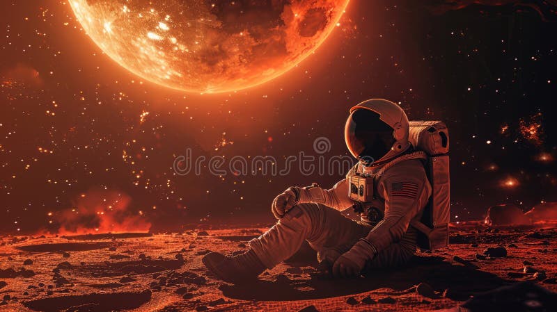 Astronaut in Spacesuit Sits on Red Planet. Spaceman in Deep Space Stock ...