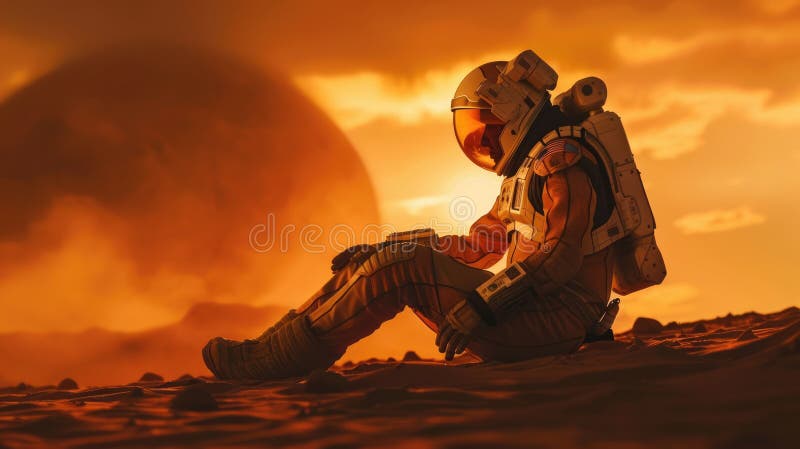 Astronaut in Spacesuit Sits on Red Planet. Spaceman in Deep Space Stock ...