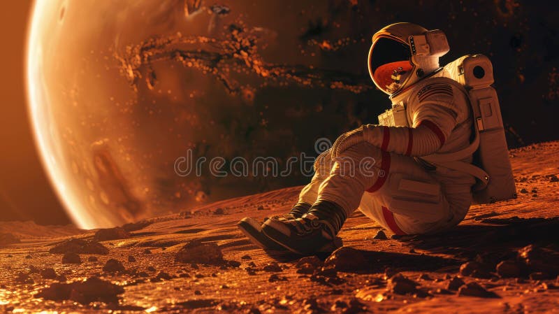Astronaut in Spacesuit Sits on Red Planet. Spaceman in Deep Space Stock ...