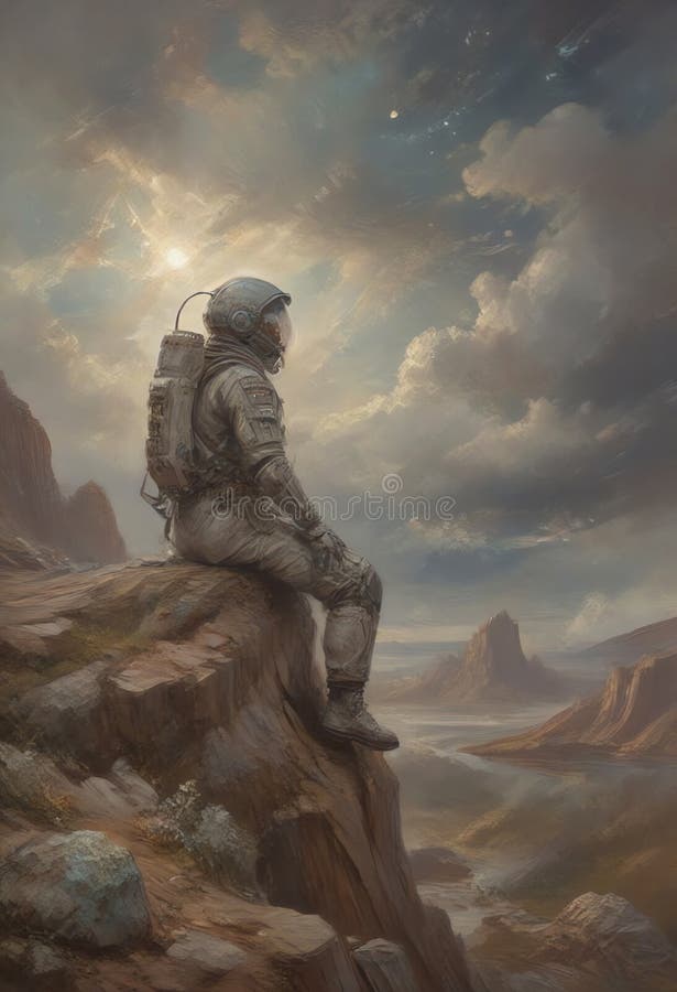 Astronaut Spacesuit Sitting on the Edge of a Rocky Cliff in Outer Space ...
