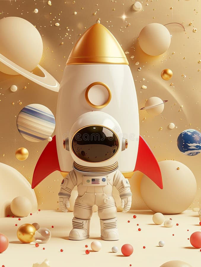 Astronaut in a Spacesuit Standing in Front of a Rocket with Planets and ...