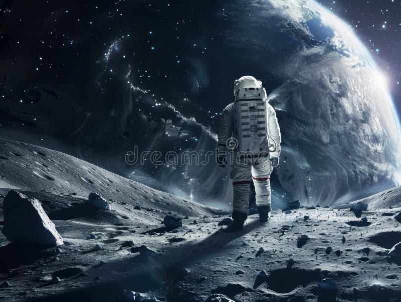 Astronaut in Spacesuit Standing on Moon, Gazing at Earth Against a ...