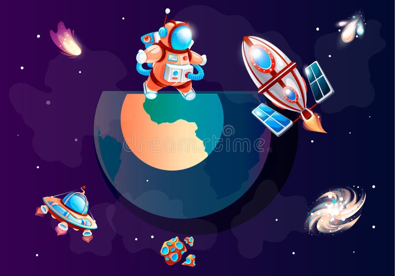Astronaut in a Spacesuit Standing on the Planet. the Rocket in Space ... Astronaut in a Spacesuit Standing on the Planet. the Rocket in Space ...
