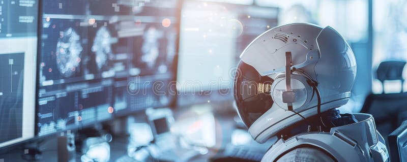Astronaut in Spacesuit Working at Mission Control Center with Multiple ...