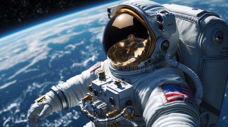 Astronaut Spacewalk: Earth and Moon View from Helmet Reflection Stock ...