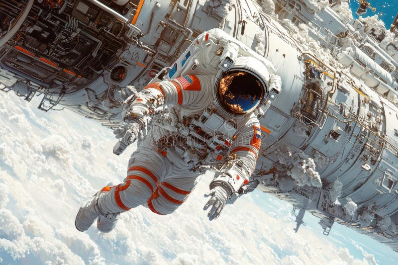 Astronaut Spacewalk Orbiting Earth Near Spaceship Stock Illustration ...