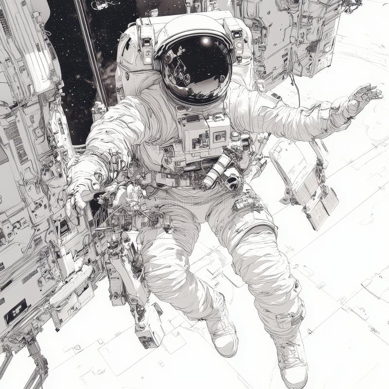 Astronaut Spacewalk Sketch Black and White Space Exploration Stock ...