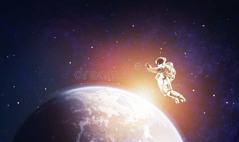 Astronaut Spacewalk in Space Near Earth and Pointing His Finger Stock ...