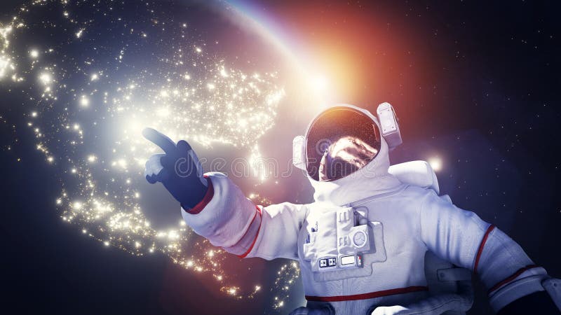 Astronaut Spacewalk in Space Near Earth and Pointing His Finger Stock ...