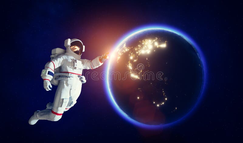 Astronaut Spacewalk in Space Near Earth and Pointing His Finger Stock ...