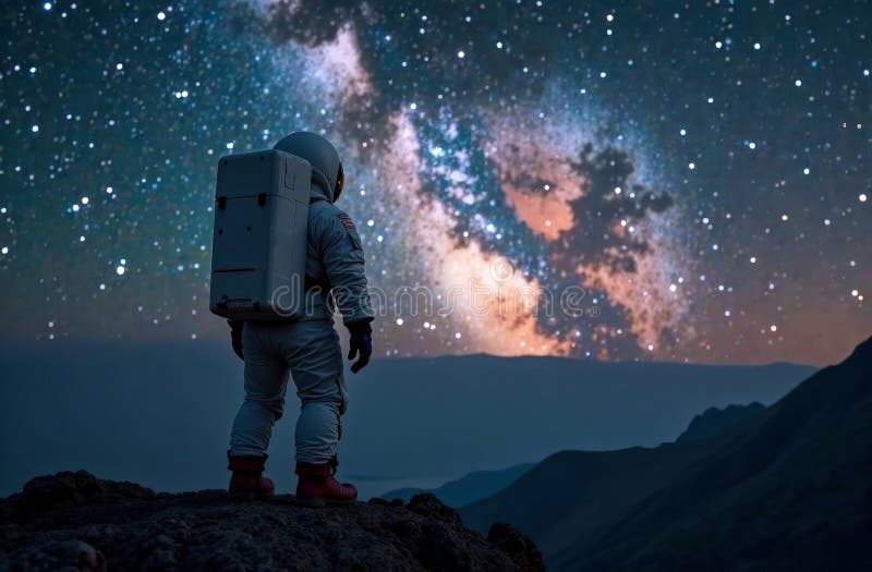 Astronaut Stand on Ground Planet and Looking Large Satellite Space AI ...