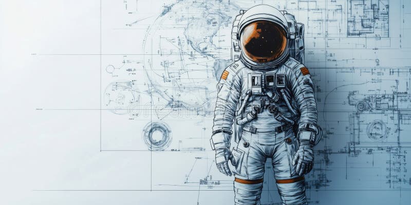 Astronaut Standing Against Technical Blueprint Background, Space ...