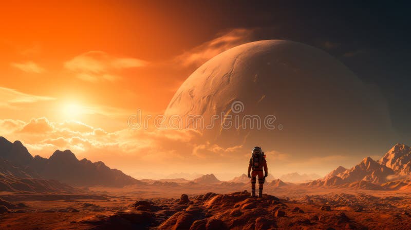 Astronaut Standing Alone on New Planet Mission and Exploring New Space ...