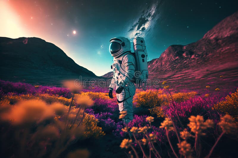 Astronaut Standing on the Field of Flowers on Another Planet Stock ...