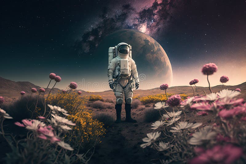 Astronaut Standing on the Field of Flowers on Another Planet Stock ...