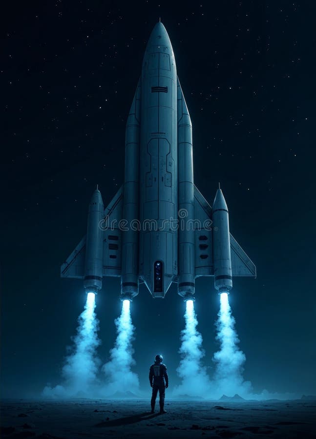 An Astronaut Standing in Front of a Space Ship Take Off with Blue Light ...